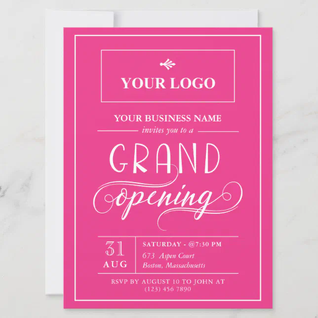 Hot Pink Wide Logo Grand Opening Invitation | Zazzle