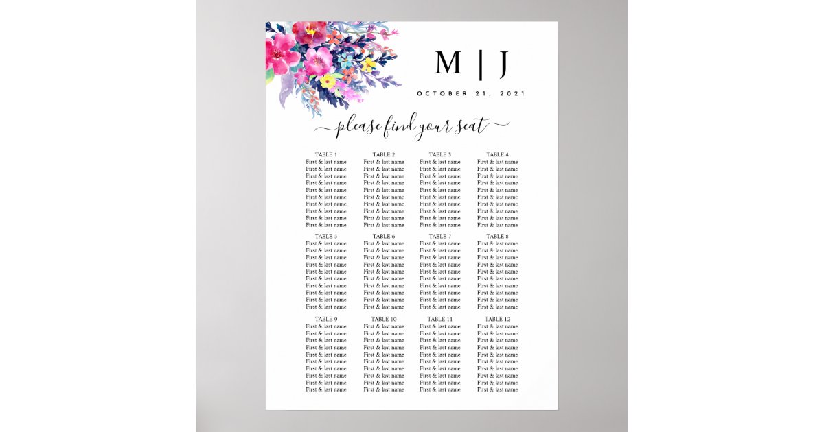 Hot Pink Yellow Floral Wedding Seating Chart | Zazzle