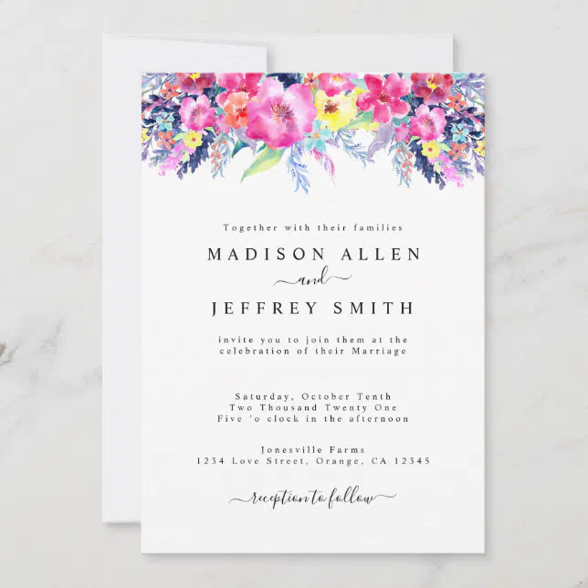 Hot Pink & Yellow Spring Floral Wedding Invitation | Zazzle