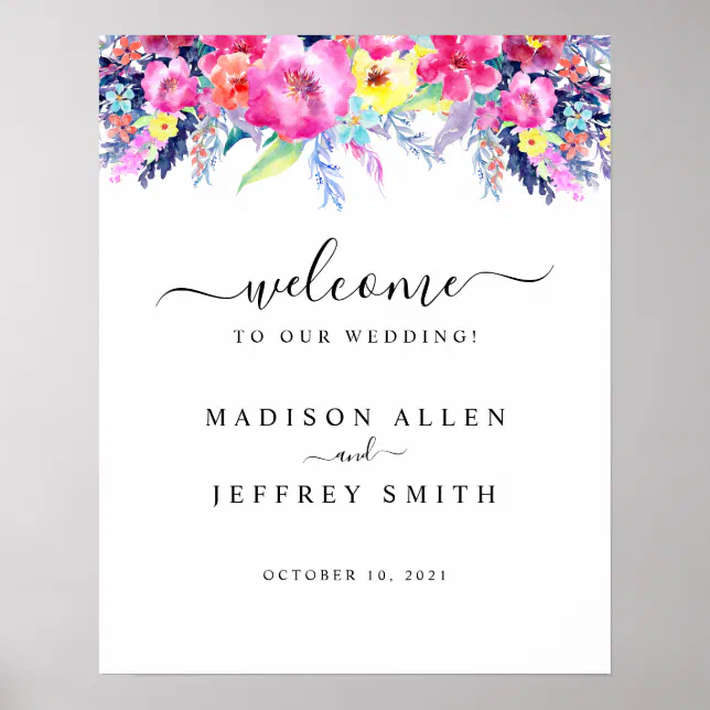 Hot Pink Yellow Spring Floral Wedding Welcome Sign | Zazzle