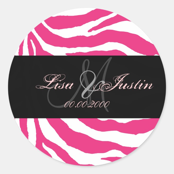 Hot pink zebra, monogram stickers | Zazzle