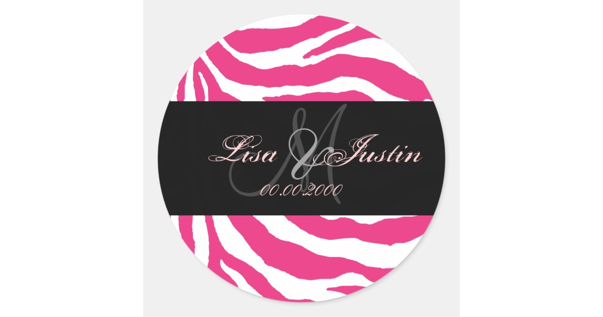 Hot pink zebra, monogram stickers | Zazzle