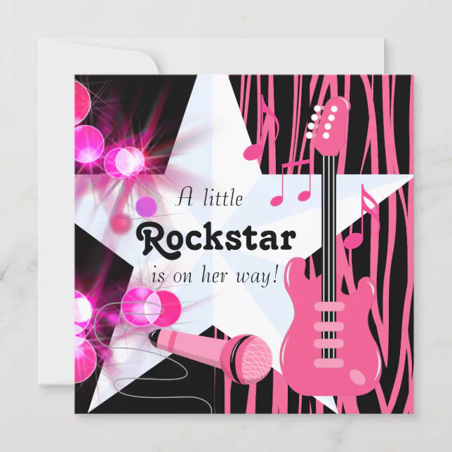 Hot Pink Zebra Rockstar Baby Girl Shower Invitation | Zazzle