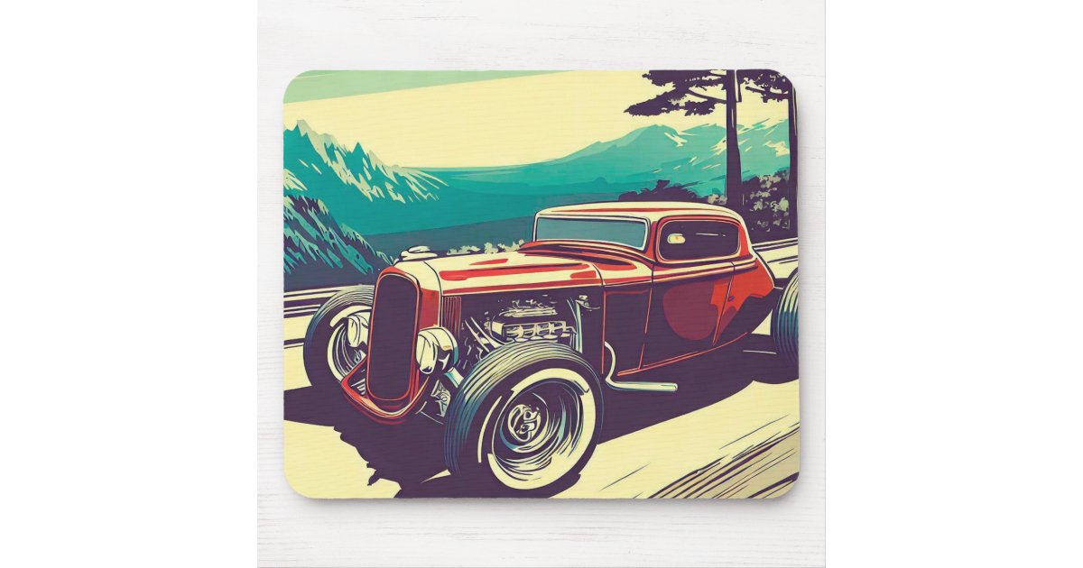 Hot rod driving in the forest vintage style mouse mouse pad | Zazzle