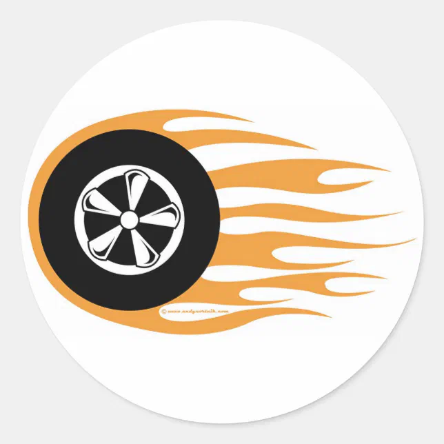 Hot rod wheel with flames classic round sticker | Zazzle