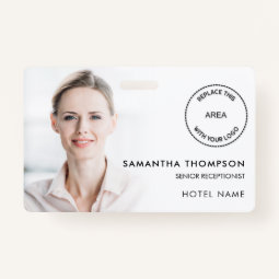 Hotel Employee Photo Overlay ID Name Logo White Badge | Zazzle