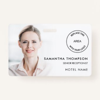 Hotel Employee Photo Overlay ID Name Logo White Badge | Zazzle
