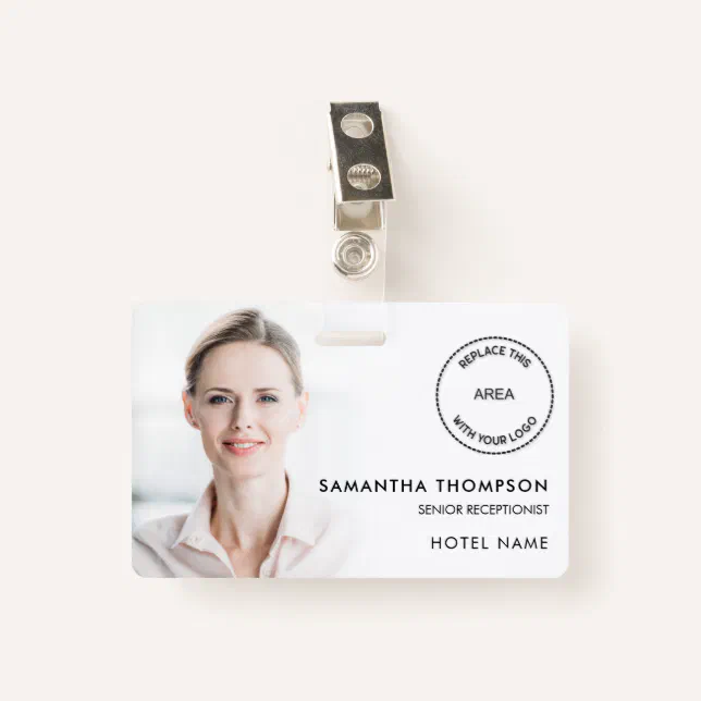 Hotel Employee Photo Overlay ID Name Logo White Badge | Zazzle
