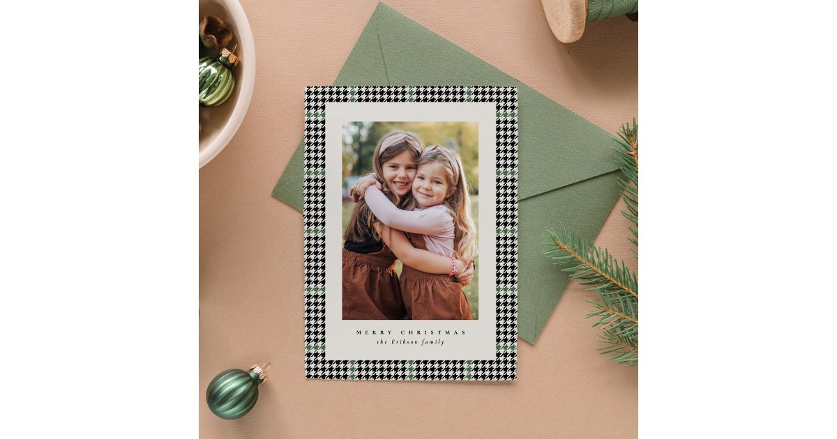 Houndstooth frame green black one photo classic holiday card | Zazzle