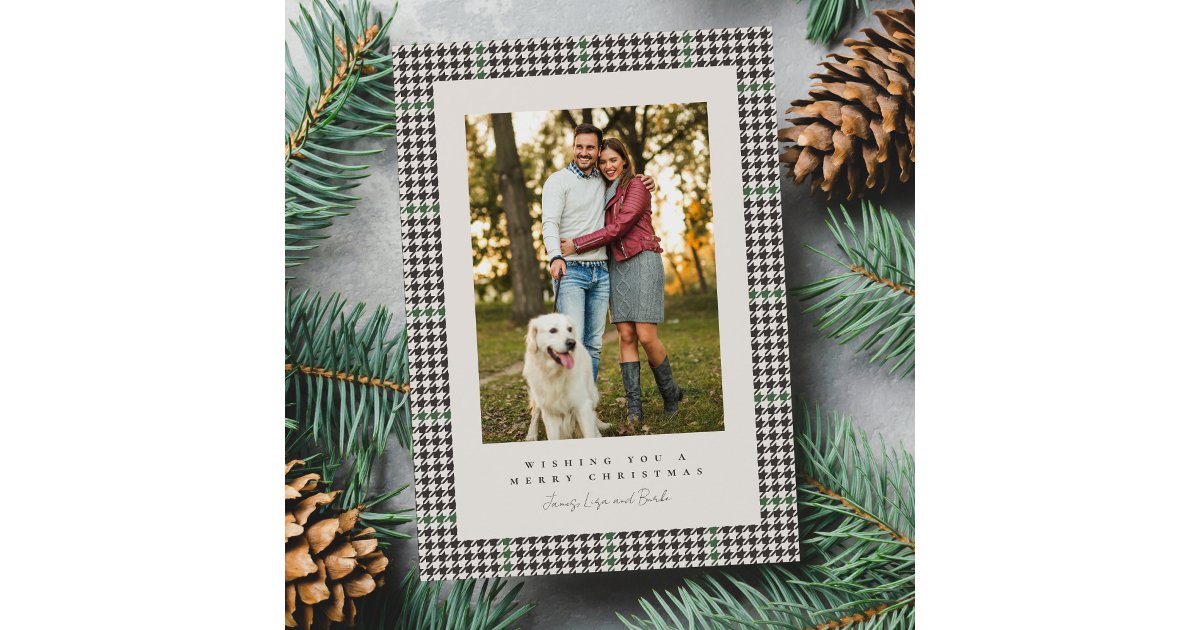 Houndstooth frame green check three photo holiday card | Zazzle
