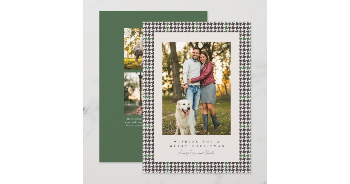 Houndstooth frame green check three photo holiday card | Zazzle