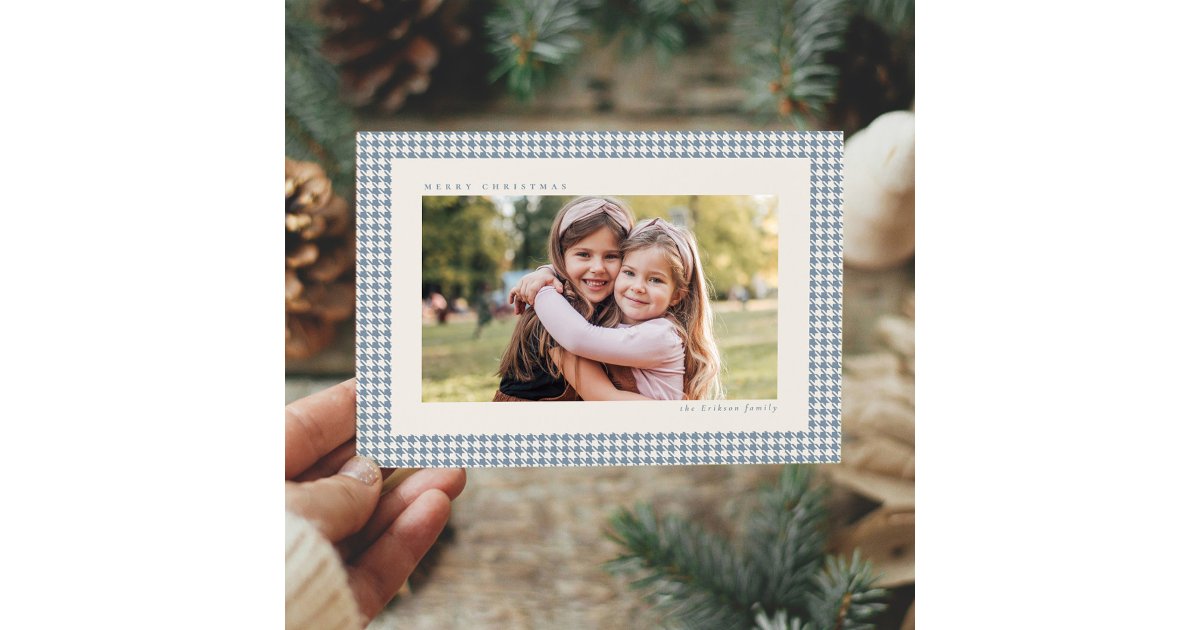 Houndstooth frame light blue three photo Christmas Holiday Card | Zazzle