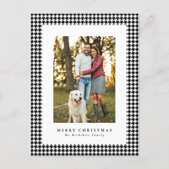 Houndstooth frame Merry Christmas black and white Holiday Postcard | Zazzle