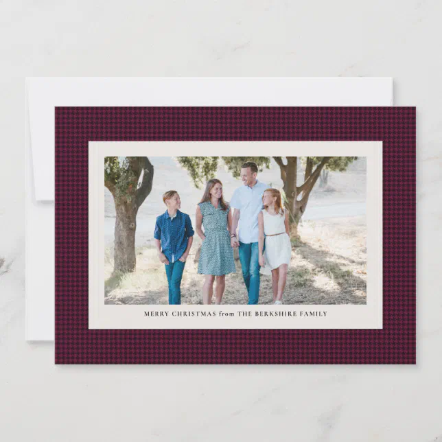 Houndstooth frame plum holiday photo card | Zazzle