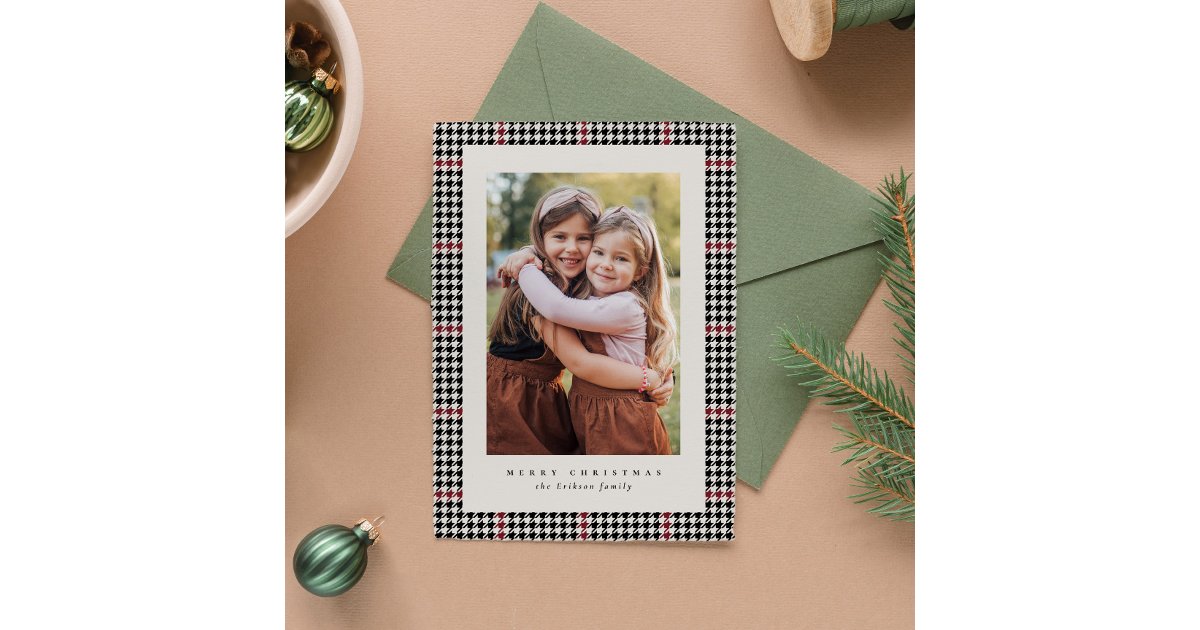 Houndstooth frame red black one photo classic holiday card | Zazzle