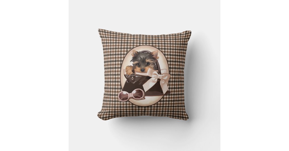 Houndstooth Yorkie Puppy Throw Pillow | Zazzle