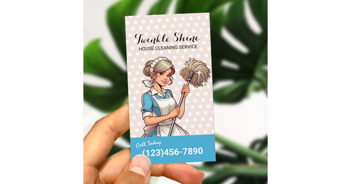 House Cleaning Cute Girl Maid Service Polka Dots Business Card | Zazzle