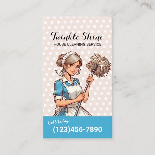 House Cleaning Cute Girl Maid Service Polka Dots Business Card | Zazzle