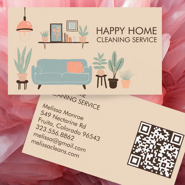 House Cleaning Cute Livingroom Art Custom QR Code Business Card | Zazzle