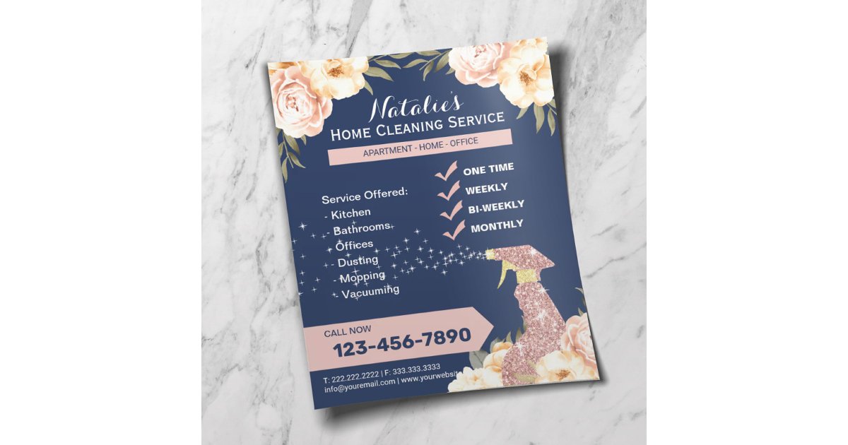 House Cleaning Maid Service Floral Navy Blue Flyer | Zazzle