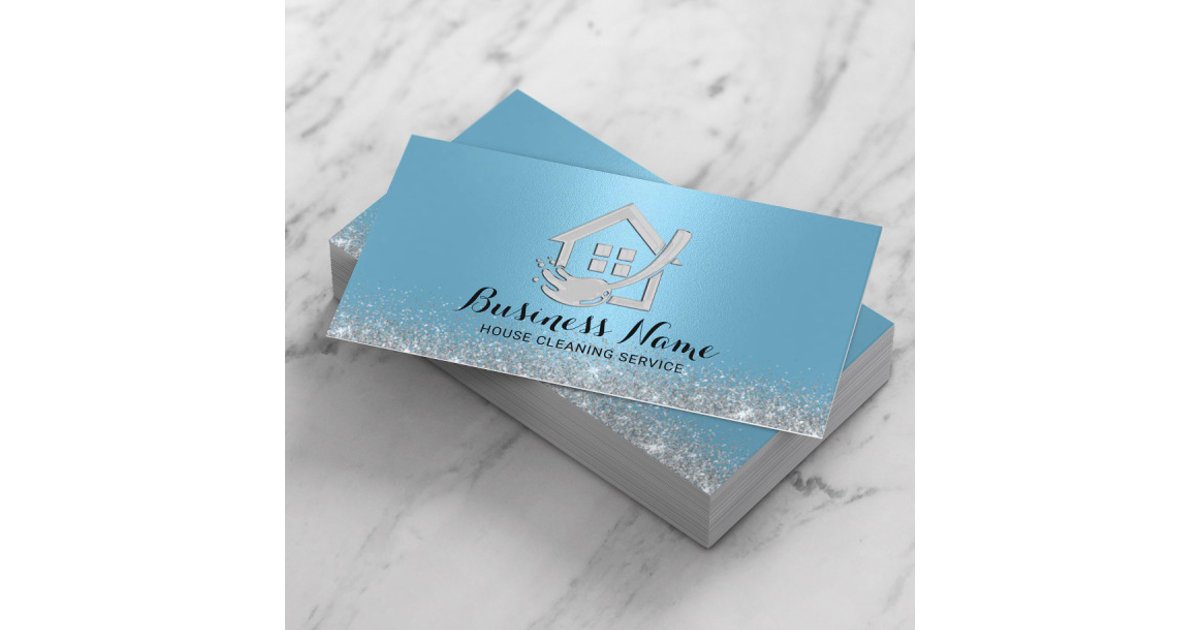 House Cleaning Modern Light Blue House & Mop Logo Business Card | Zazzle