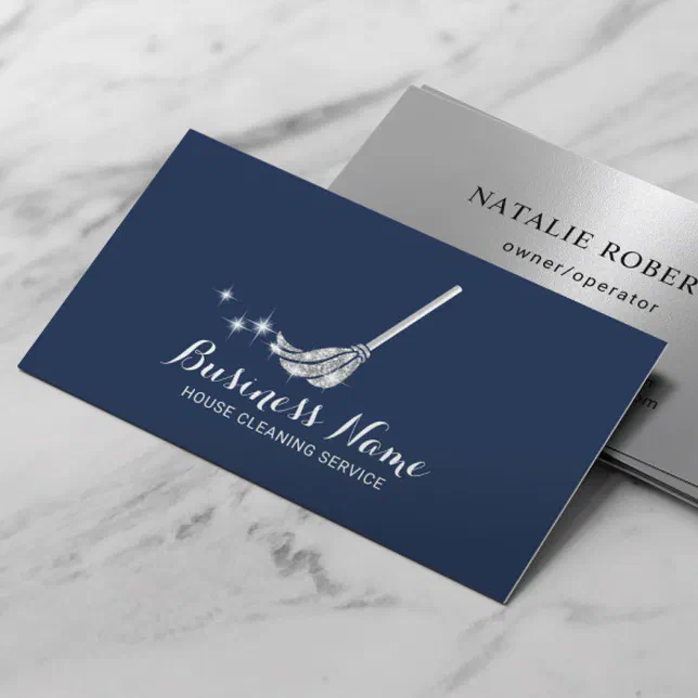 House Cleaning Modern Navy & Silver Maid Service Business Card | Zazzle