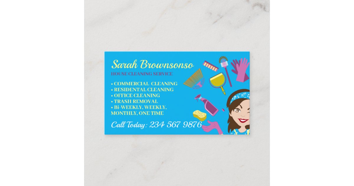 House Cleaning Wash Janitorial Lady Cartoon Girl Business Card | Zazzle