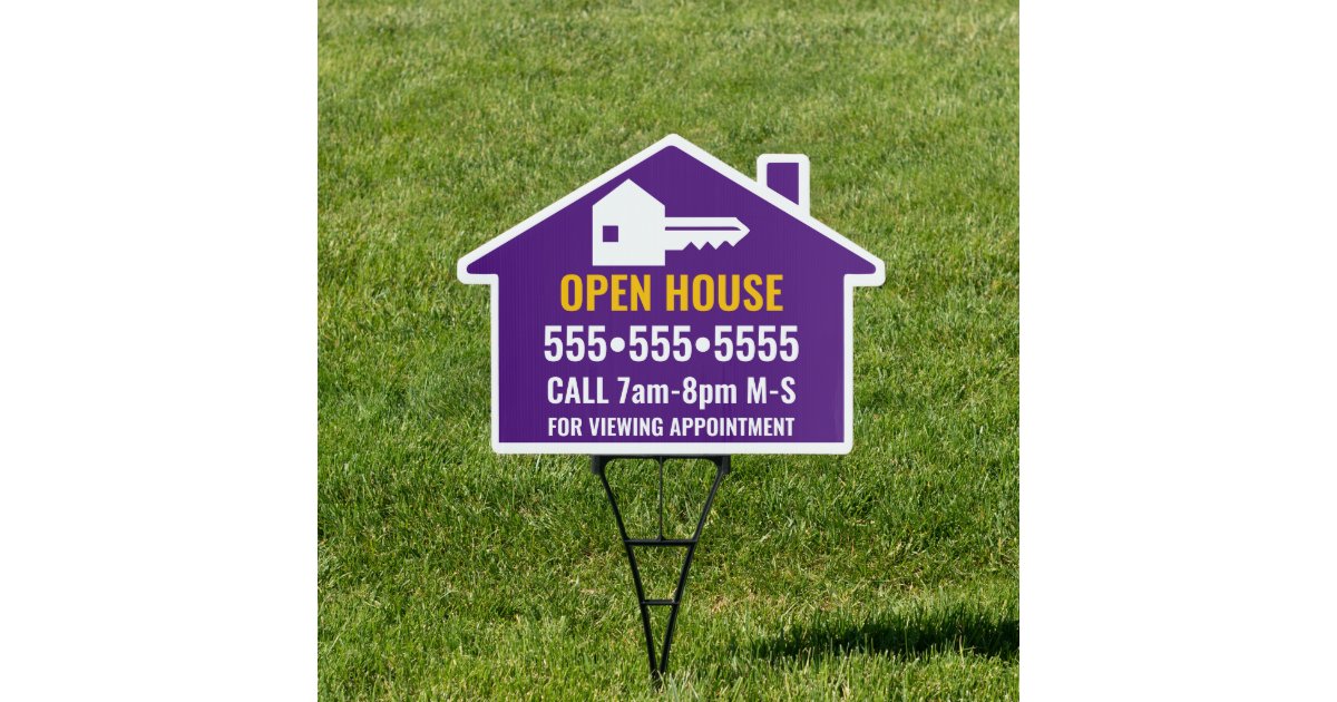 House Key OPEN HOUSE Royal Purple White Gold Sign | Zazzle
