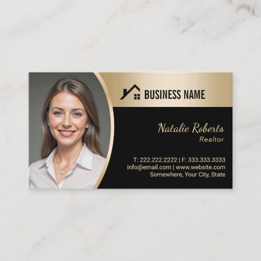 House Logo Real Estate Black & Gold Realtor Photo Business Card | Zazzle