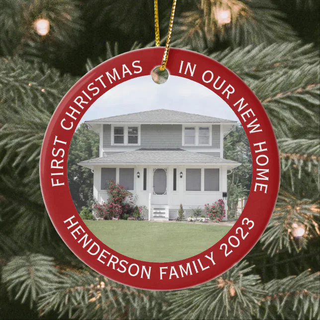 House Photos First Xmas New Home Name & Year Red Ceramic Ornament | Zazzle