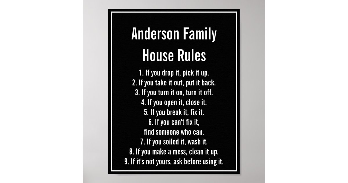 House Rules Black & White Text Family Name Poster | Zazzle