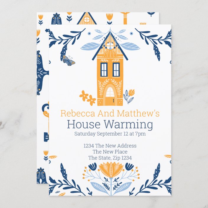 House Warming Hygge Blue Yellow House and Flowers Invitation | Zazzle.com