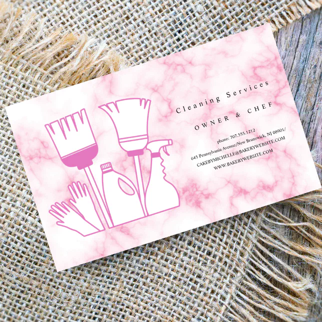 housekeeping Cartoon pink marble Cleaning Service Business Card | Zazzle