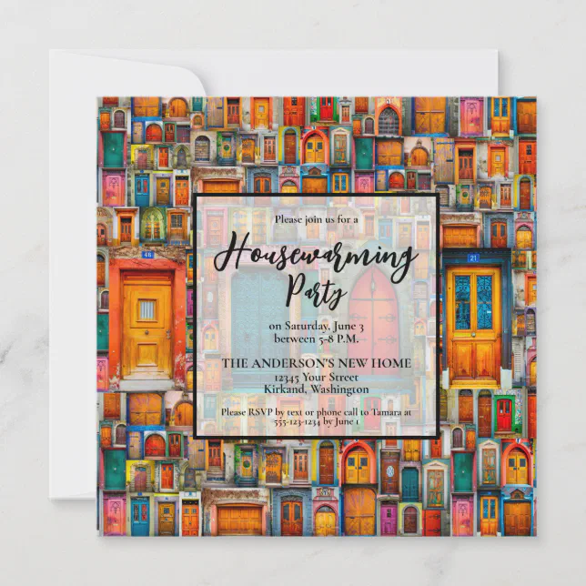 Housewarming Party Doors Collage Orange Blue Invitation | Zazzle
