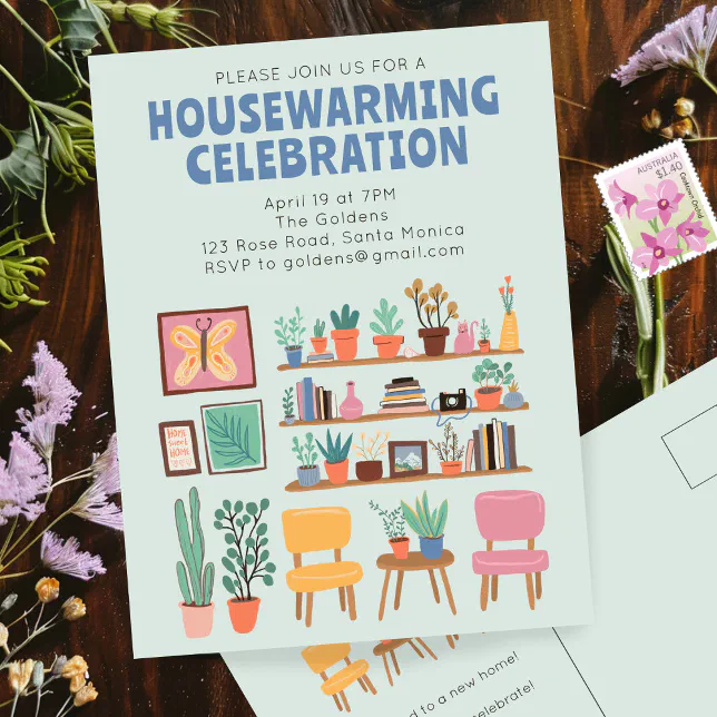 Housewarming Party Invite Cute Living Room Postcar | Zazzle