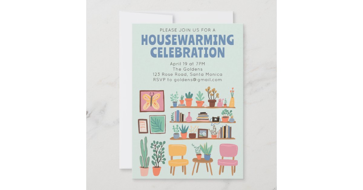 Housewarming Party Invite Cute Living Room Shelves | Zazzle