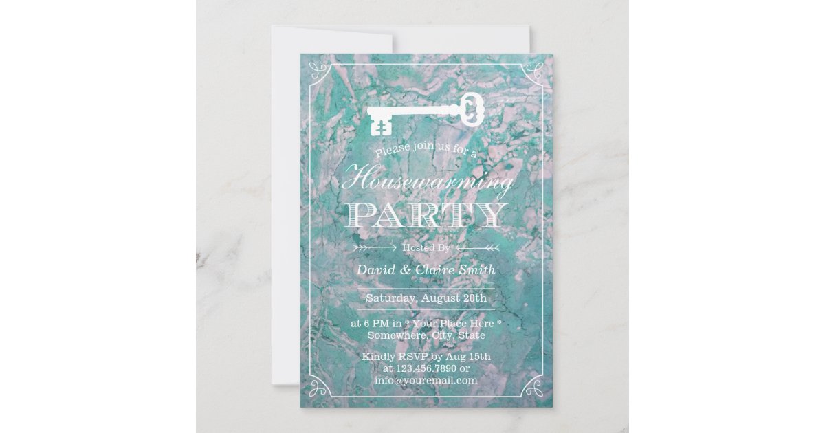 Housewarming Party Skeleton Key Teal Marble Invitation | Zazzle