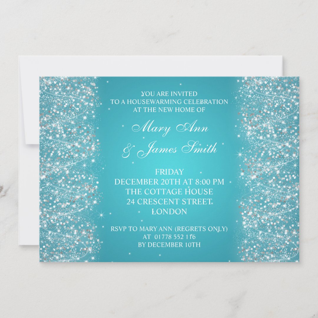 Housewarming Party Sparkling Glitter Turquoise Invitation | Zazzle
