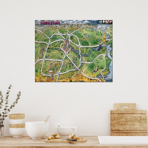 Houston Texas Cartoon Map Poster | Zazzle