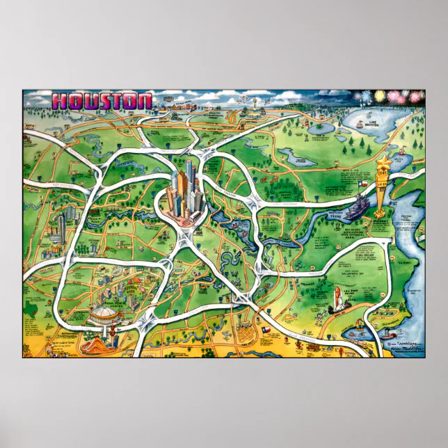 Houston Texas Cartoon Map Poster | Zazzle