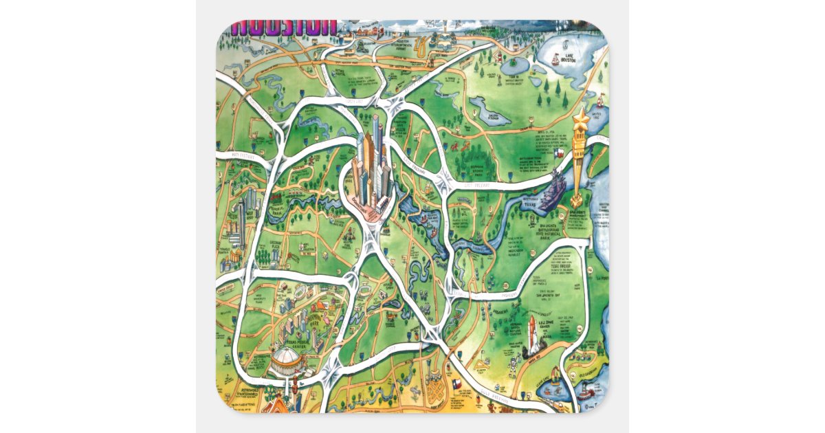 Houston Texas Cartoon Map Square Sticker | Zazzle