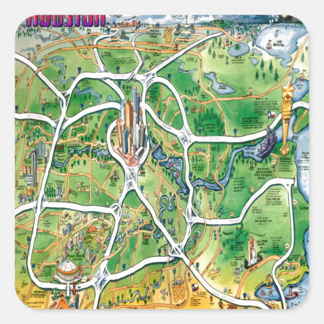 Houston Texas Cartoon Map Square Sticker | Zazzle