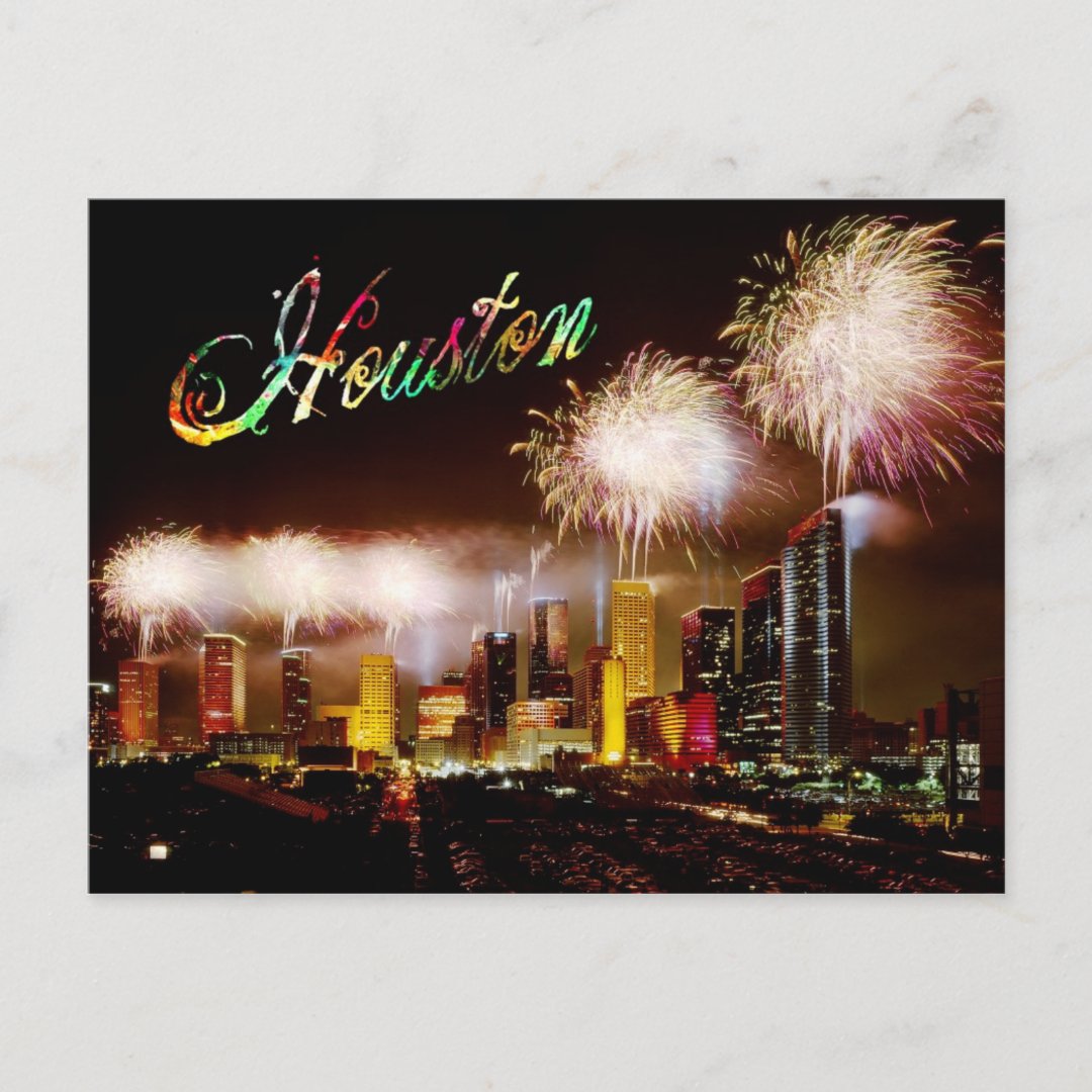 Houston, Texas skyline with fireworks Postcard | Zazzle
