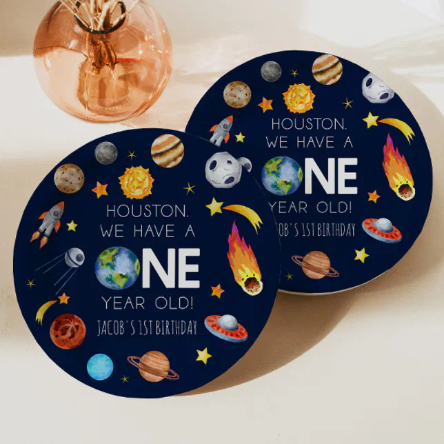 Houston We Have A One Year Old 1st Birthday Party Paper Plates | Zazzle