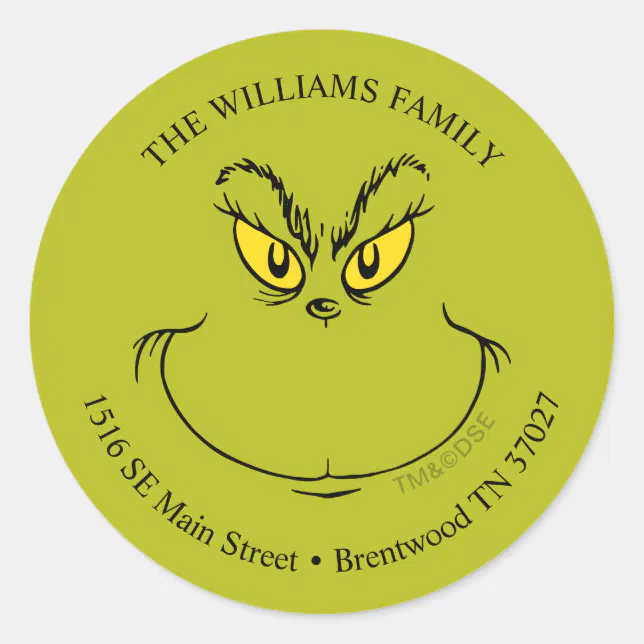 How Grinch Stole Christmas Face - Address Classic Round Sticker | Zazzle