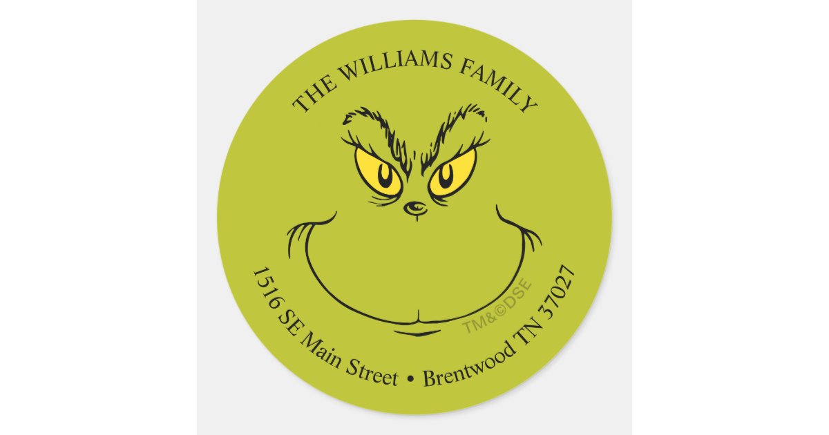 How Grinch Stole Christmas Face - Address Classic Round Sticker | Zazzle
