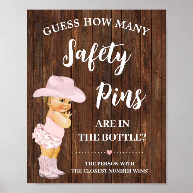 How many Safety Pins Game Cowgirl Pink Baby shower Poster | Zazzle
