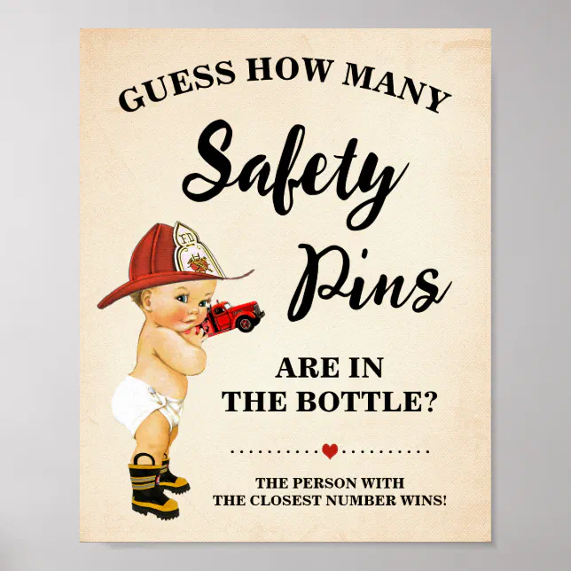 How Many Safety Pins Game Firefighter Baby Shower Poster | Zazzle