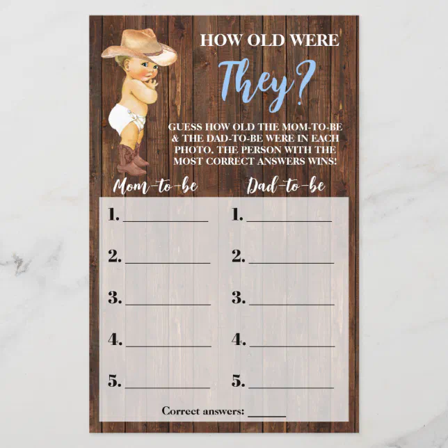 How Old Were They Cowboy Baby Shower Game Card Flyer | Zazzle