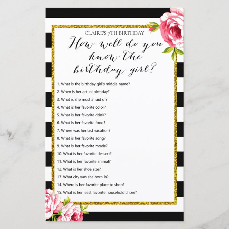 How well do you know the birthday girl Game | Zazzle